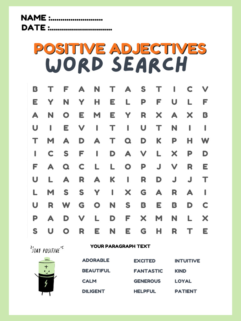 Positive Adjective Word Search Activity Worksheet | PDF