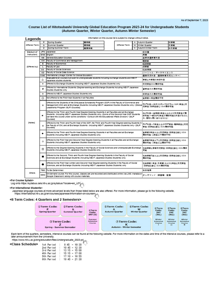 HGP Under Graduate Courselist2023!24!0907 | PDF