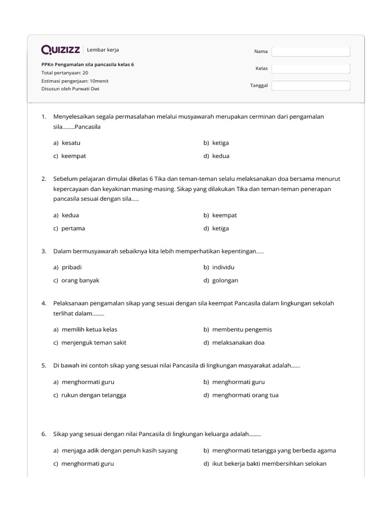 PPKN Pengamalan Sila Pancasila Kelas 6 - Quizizz | PDF