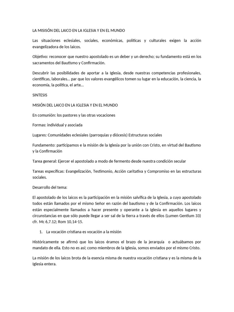 La Misisón Del Laico en La Iglesia y en El Mundo | PDF