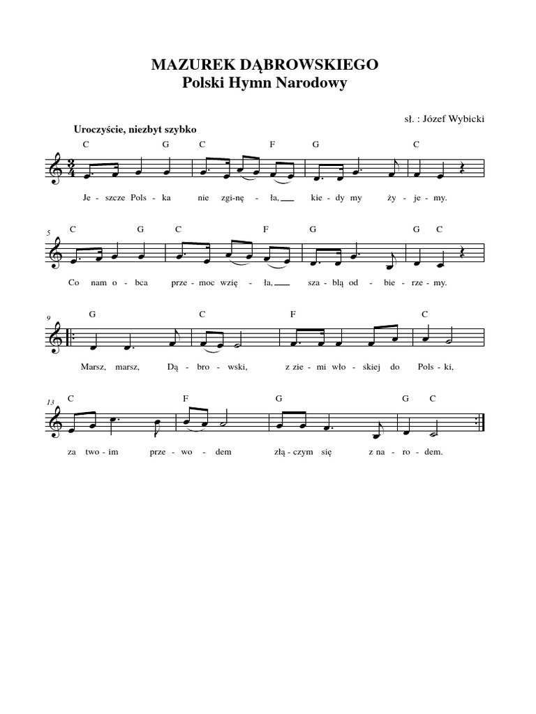 Mazurek Dąbrowskiego (Polski Hymn Narodowy) (Nuty) | PDF