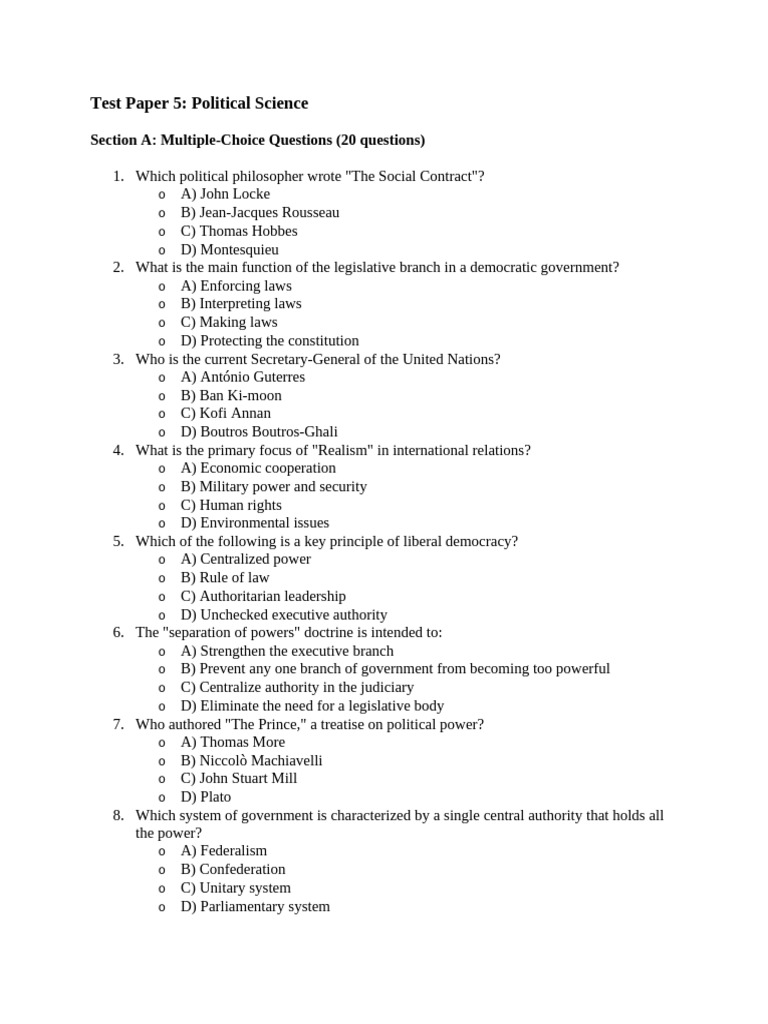 Political Science Test Paper 5 | PDF | Democracy | Finance & Money ...