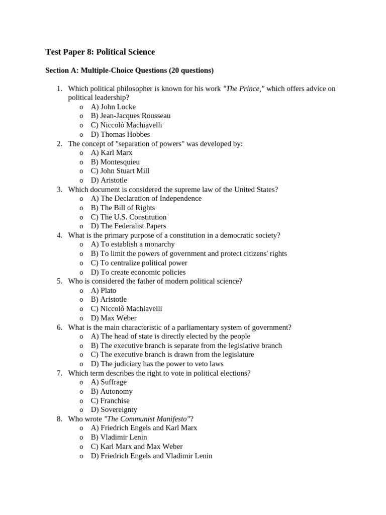 Political Science Test Paper 8 | PDF | Democracy | Political Ideologies
