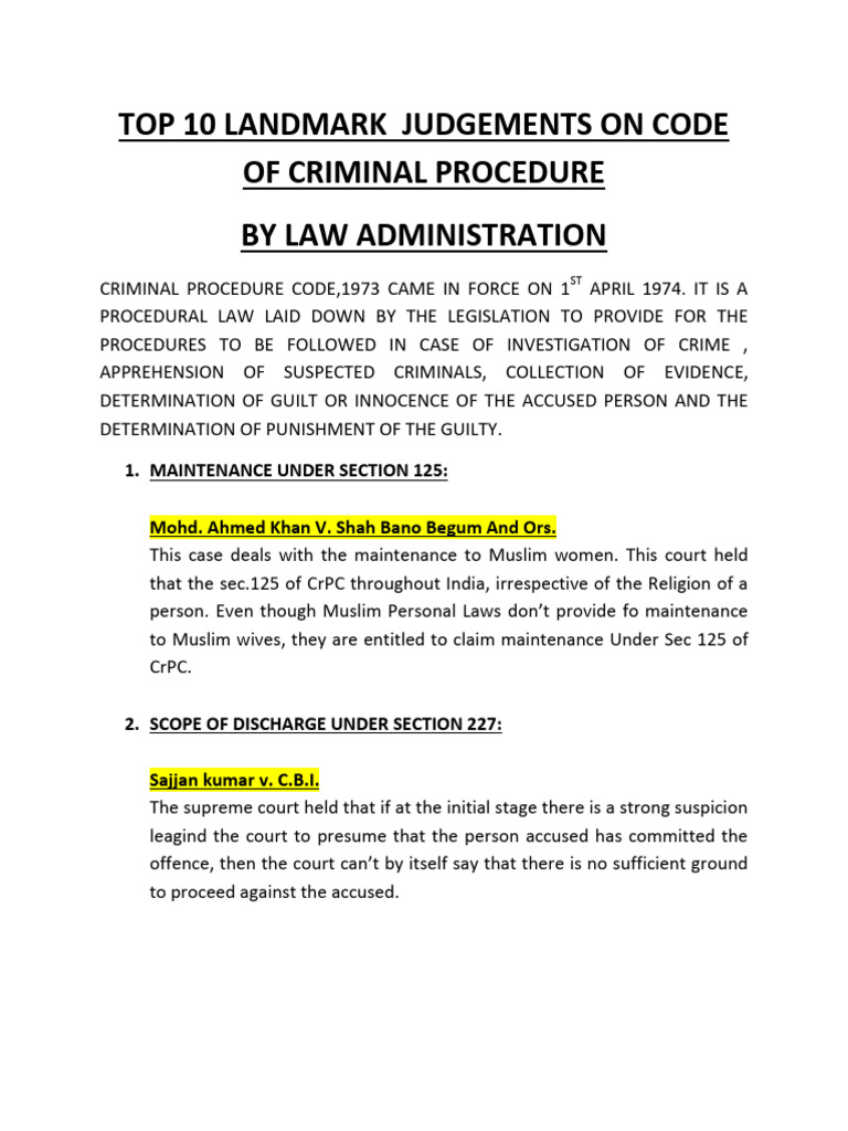 Top 10 Landmark Judgements On Code of Criminal Procedure | PDF