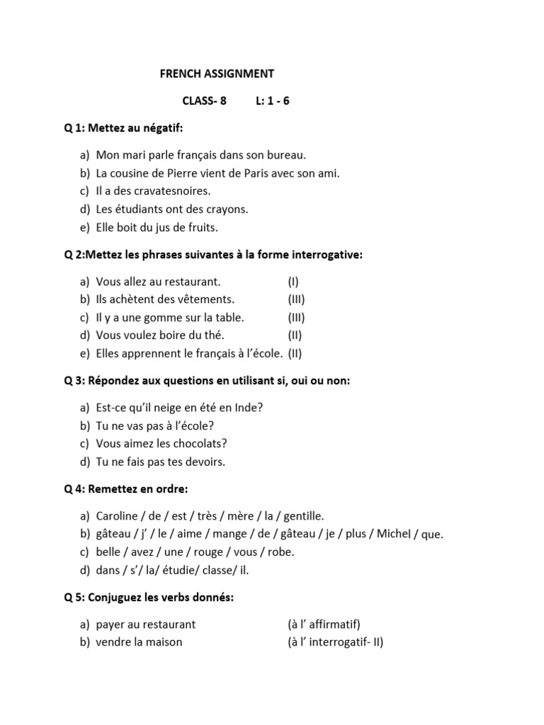 CBSE Class 8 French Worksheet | PDF