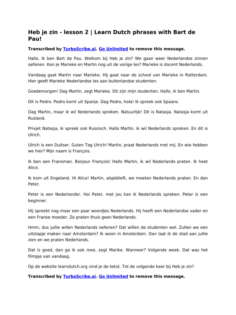 Heb Je Zin - Lesson 2 - Learn Dutch Phrases With Bart de Pau! | PDF