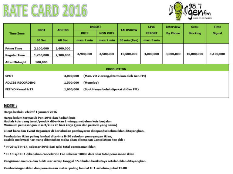 RATE CARD Gen | PDF