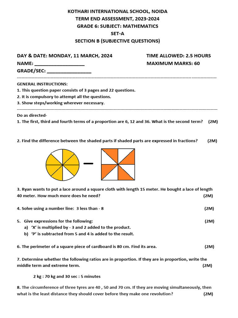 Term End Mathematics Paper Set Asubj | PDF | Area | Numbers