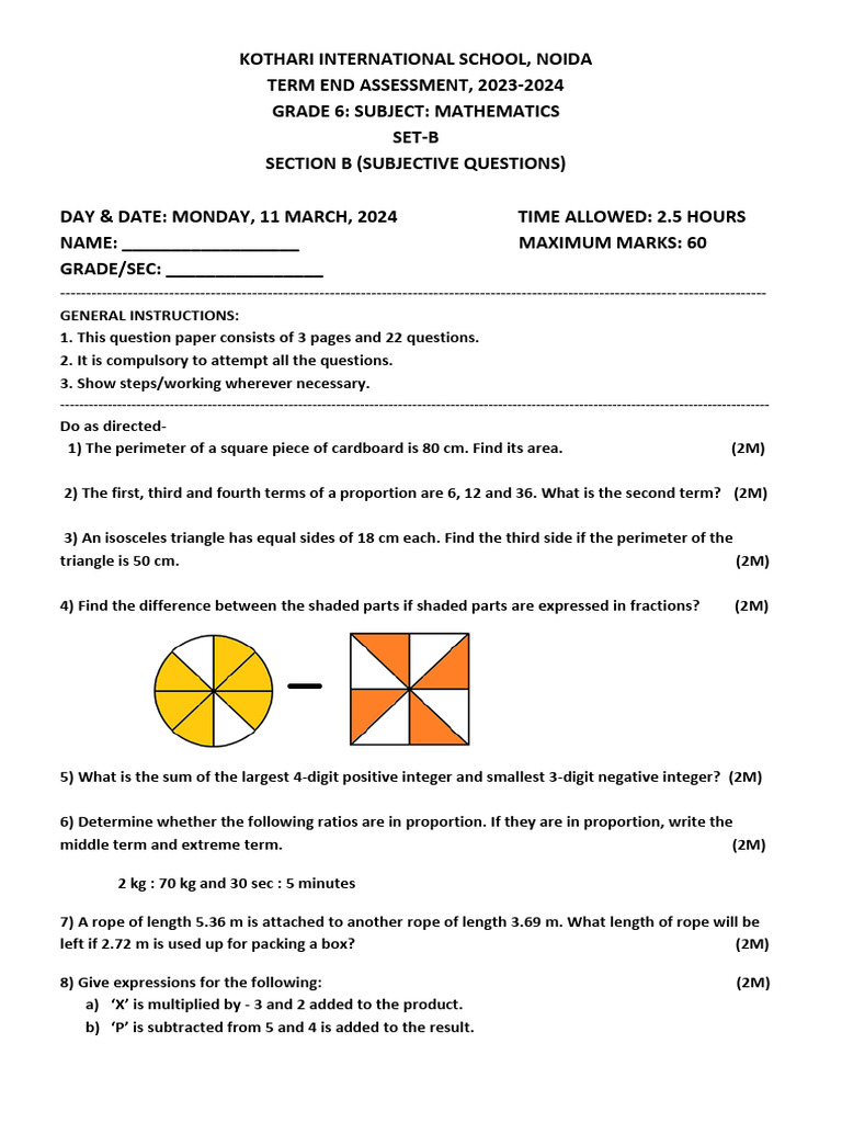 Term End Mathematics Paper Set Bsubj | PDF | Integer | Area