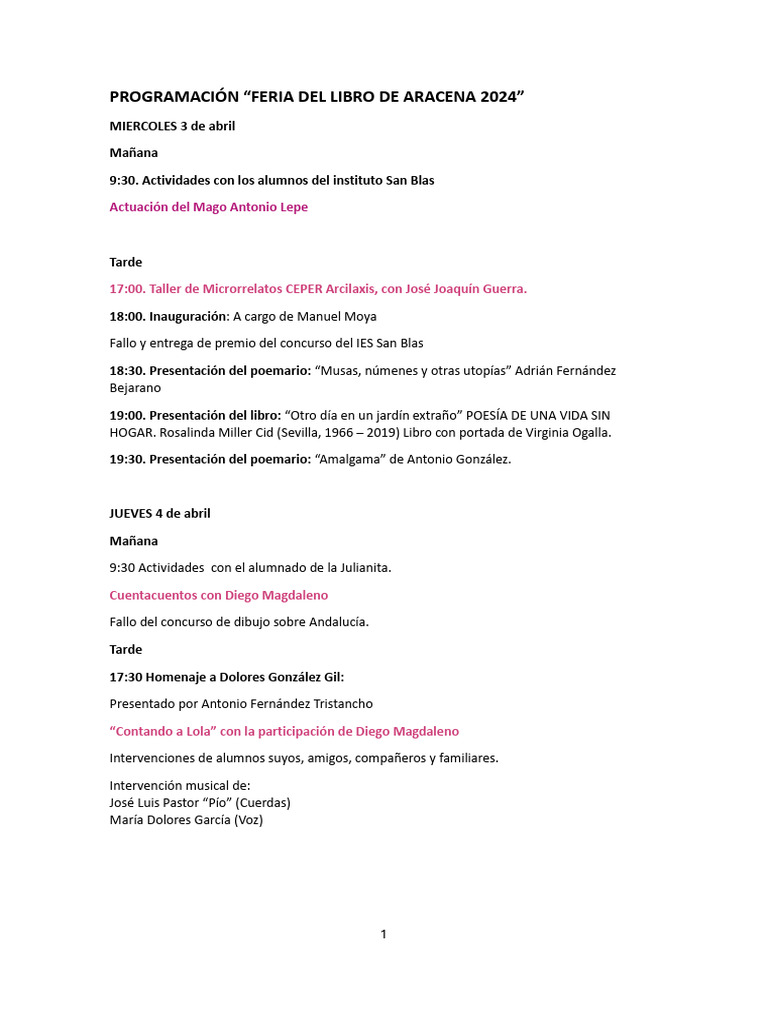 Programa Feria Del Libro Aracena 2024 | PDF