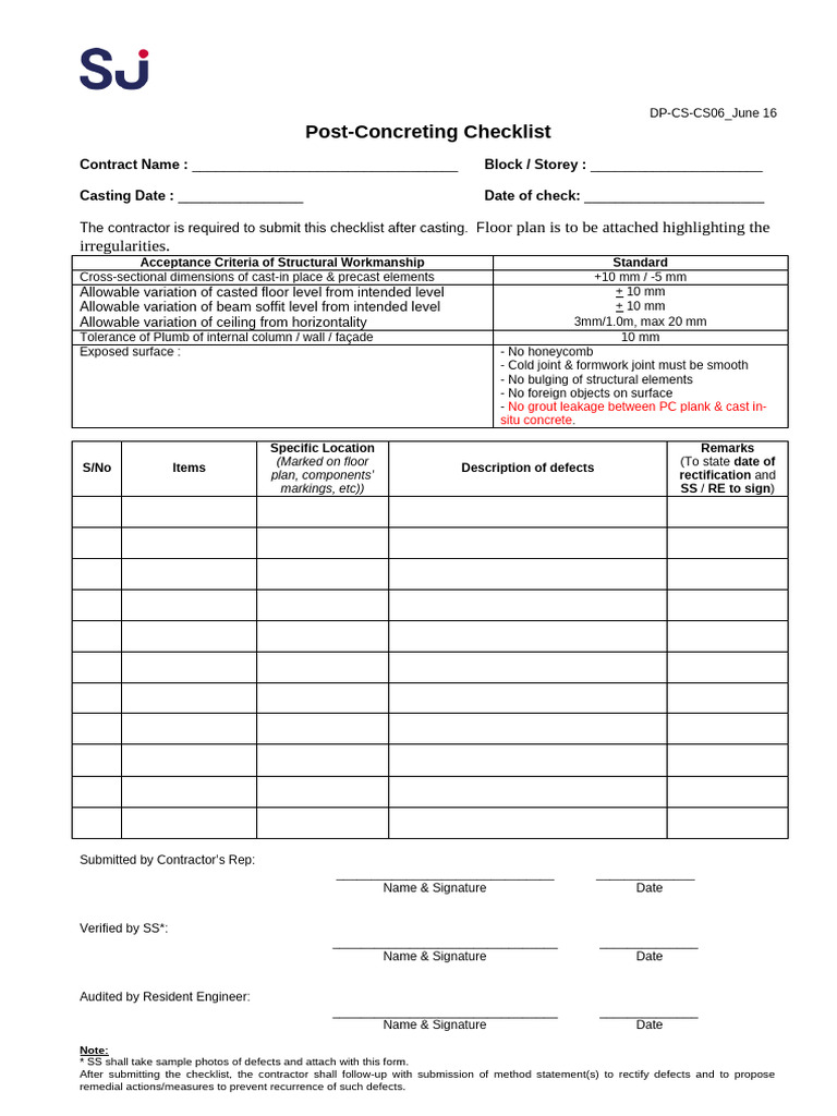DP-CS-CS06 - June 2016 - Post Concreting Checklist | PDF | Building | Building Materials