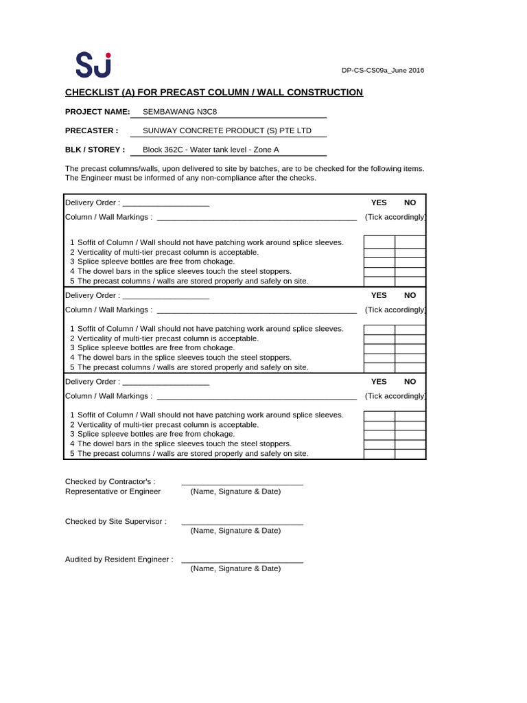 DP-CS-CS09d - June 2016 - Checlist For Precast Column Wall Construction ...