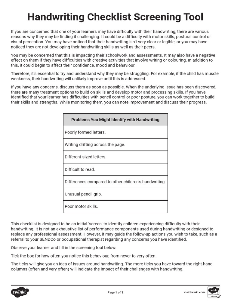 T S 1706550112 Ot Handwriting Checklist Screening Tool 1 - Ver - 2 | PDF