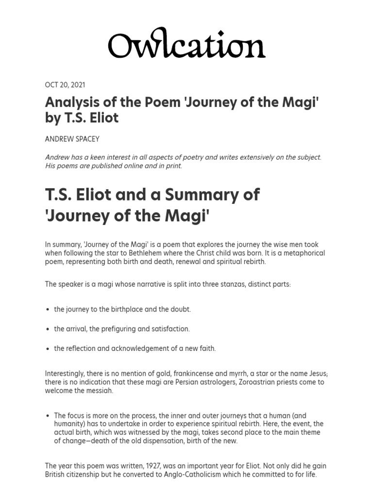 Analysis of The Poem 'Journey of The Magi' by T.S. Eliot - Owlcation | PDF