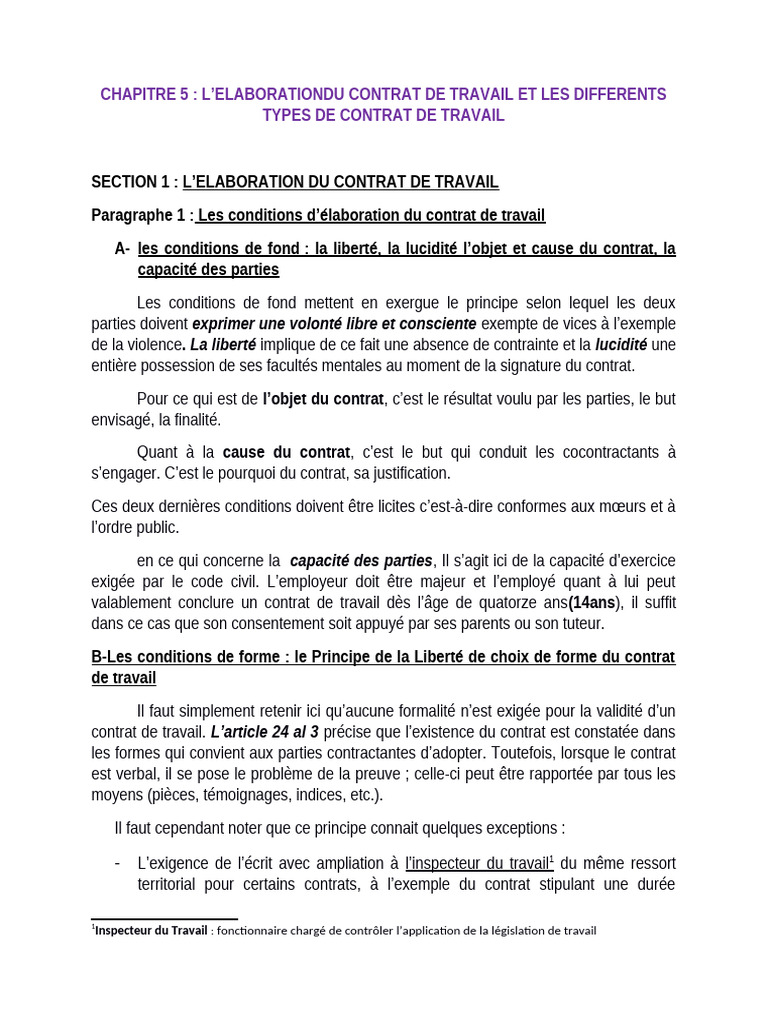 Chapitre 5: L'Elaborationdu Contrat de Travail Et Les Differents Types de Contrat de Travail | PDF