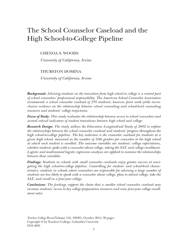 The School Counselor Caseload and The High School-to-College Pipeline | PDF