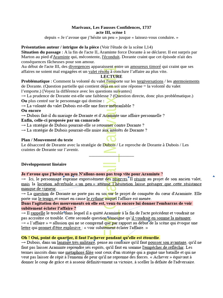 1E6 1E8 Linéaire N°2 Marivaux acteIII Scène1 | PDF