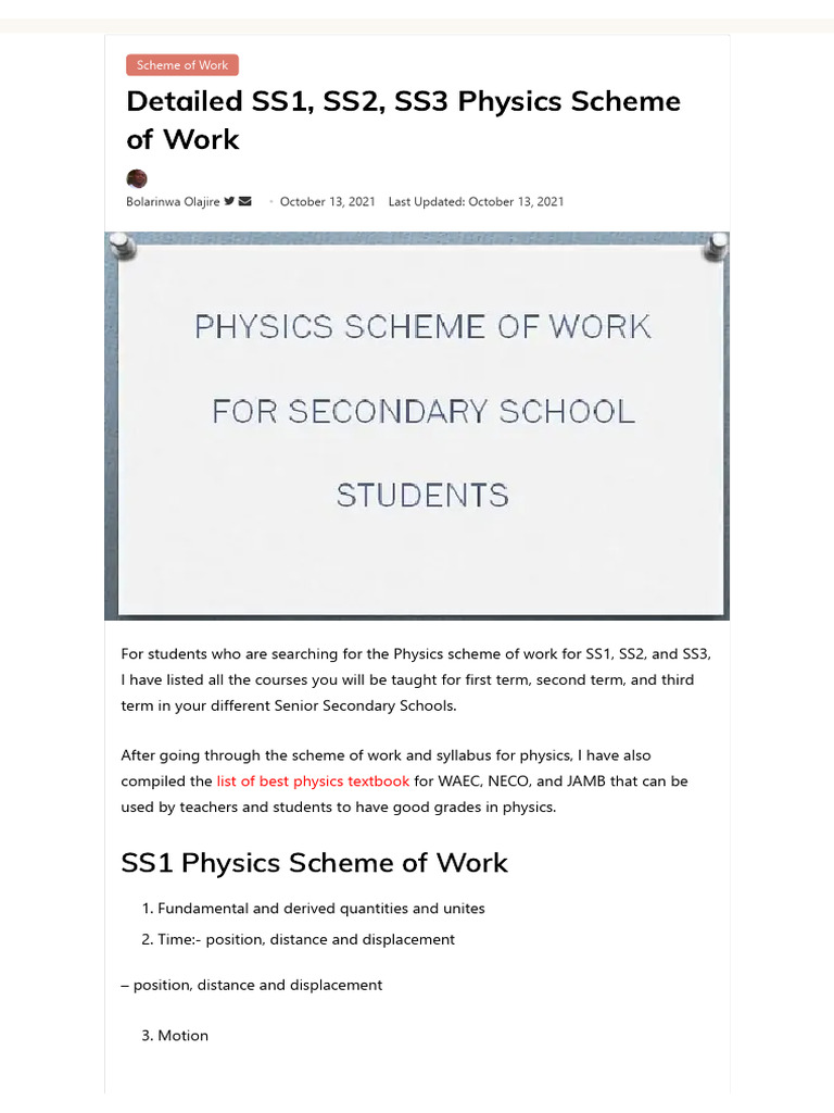 Detailed SS1, SS2, SS3 Physics Scheme of Work Servantboy | PDF
