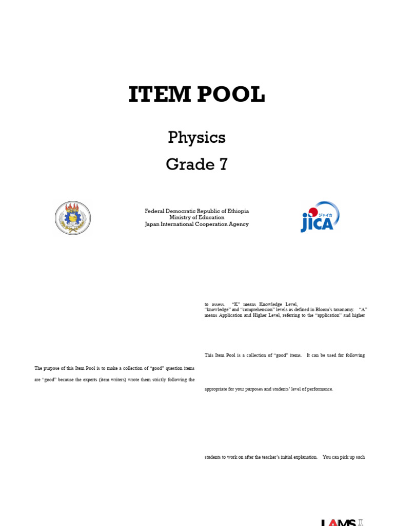 Physics Grade 7 Item Pool | PDF | Force | Science & Mathematics