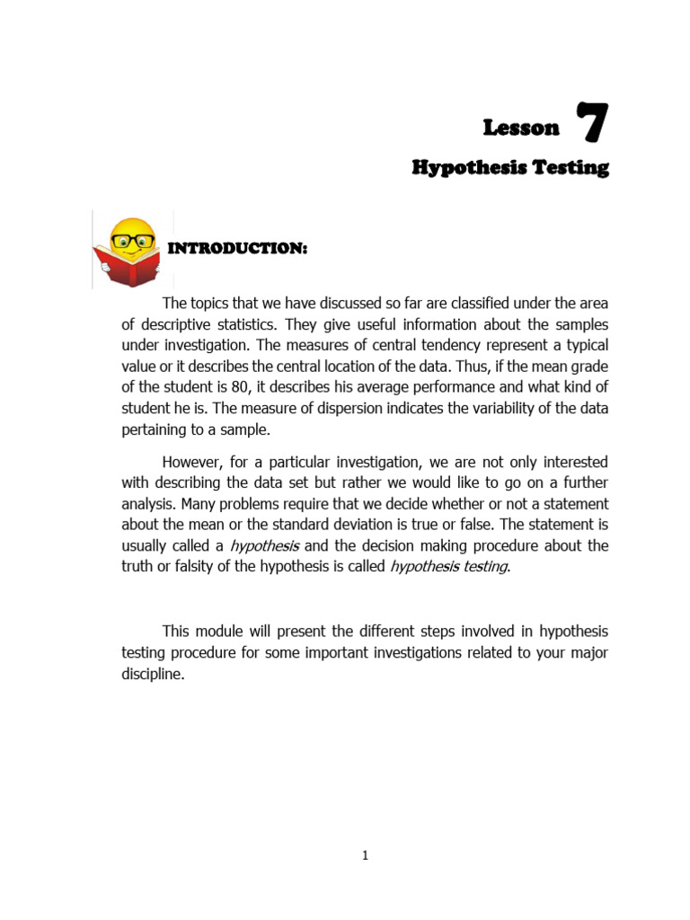 Lesson 7 Hypothesis Testing | PDF | Statistics | Hypothesis