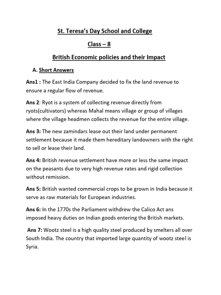 Class 8 British Economic Policies and Their Impact | PDF
