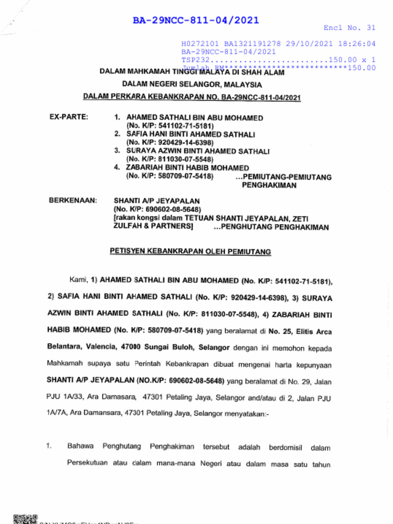 Petisyen Kebankrapan Oleh Pemiutang-Shanti Jeyapalan +@002 | PDF