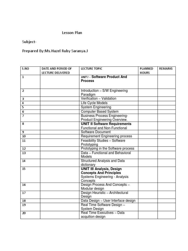 Software Engineering Lesson Plan Overview | PDF