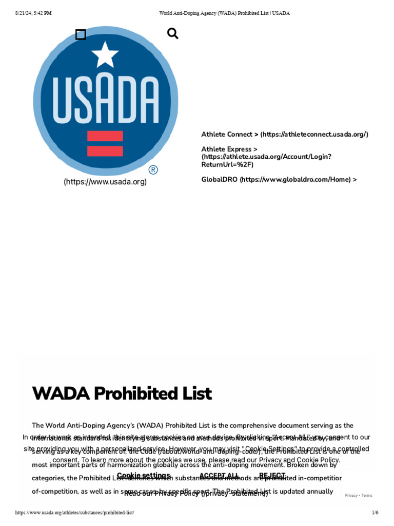 World Anti-Doping Agency (WADA) Prohibited List - USADA | PDF