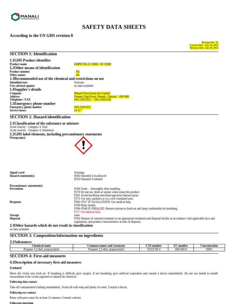 Safety Data Sheets: According To The UN GHS Revision 8 | PDF