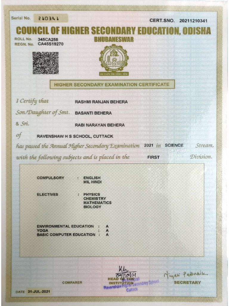 12th Certificate | PDF