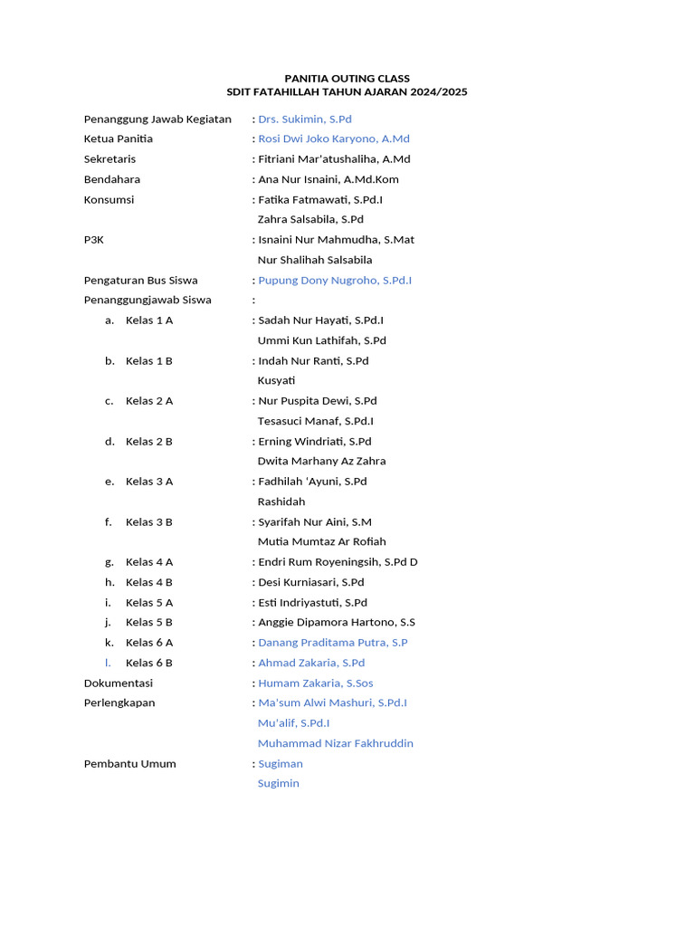 Panitia Outing Class 2024 | PDF