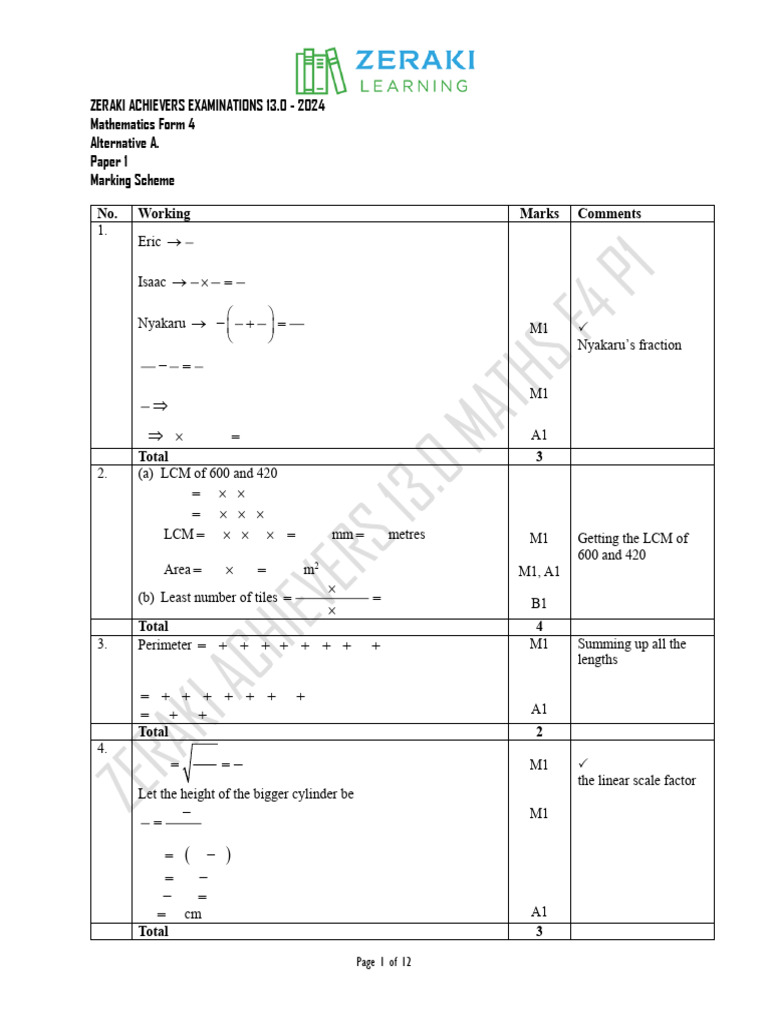 Paper 1 - Marking Scheme | PDF
