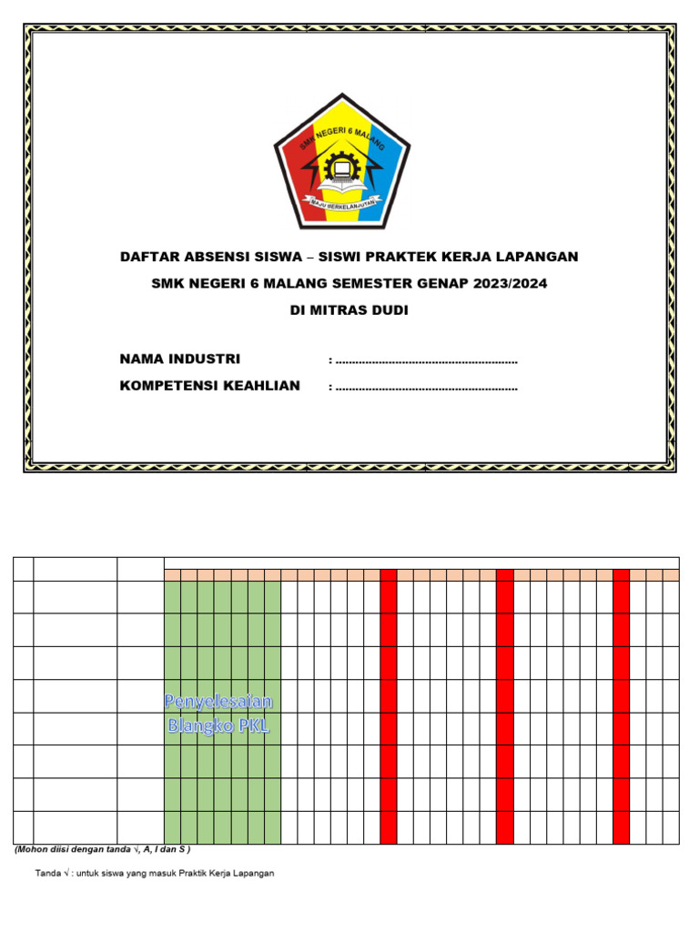 DAFTAR ABSENSI SISWA PKL TKJ. RPL. TKRO, TAB.TPM, DIPB, TITL | PDF
