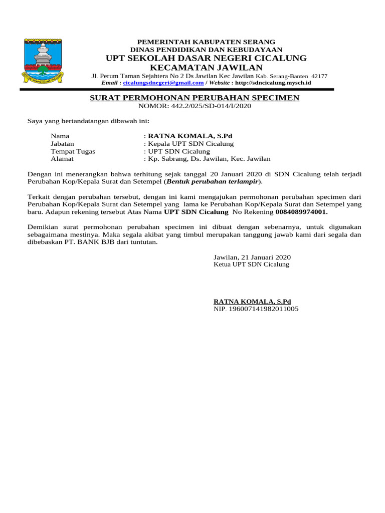 Contoh Surat Permohonan Perubahan Specimen Bank | PDF