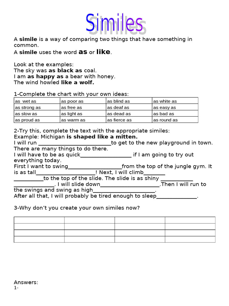similes AS...AS worksheet | PDF