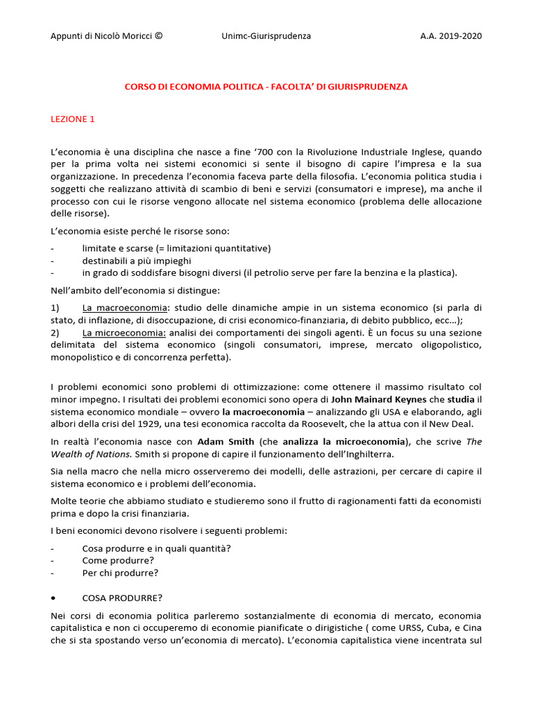 Economia Politica - Riassunti X Domenico Luciani | PDF