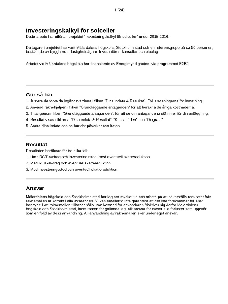 LCOE Solel I Sverige Privatperson Version 1-11 20160922 | PDF