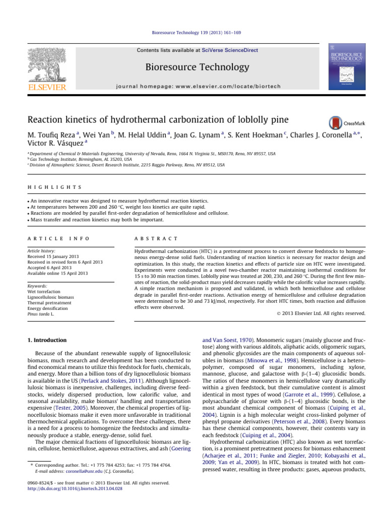 2013 Reza - Reaction-Kinetics-Of-Hydrothermal-Carbonization-Of-Lo - 2013 - Bioresource-Techn | PDF