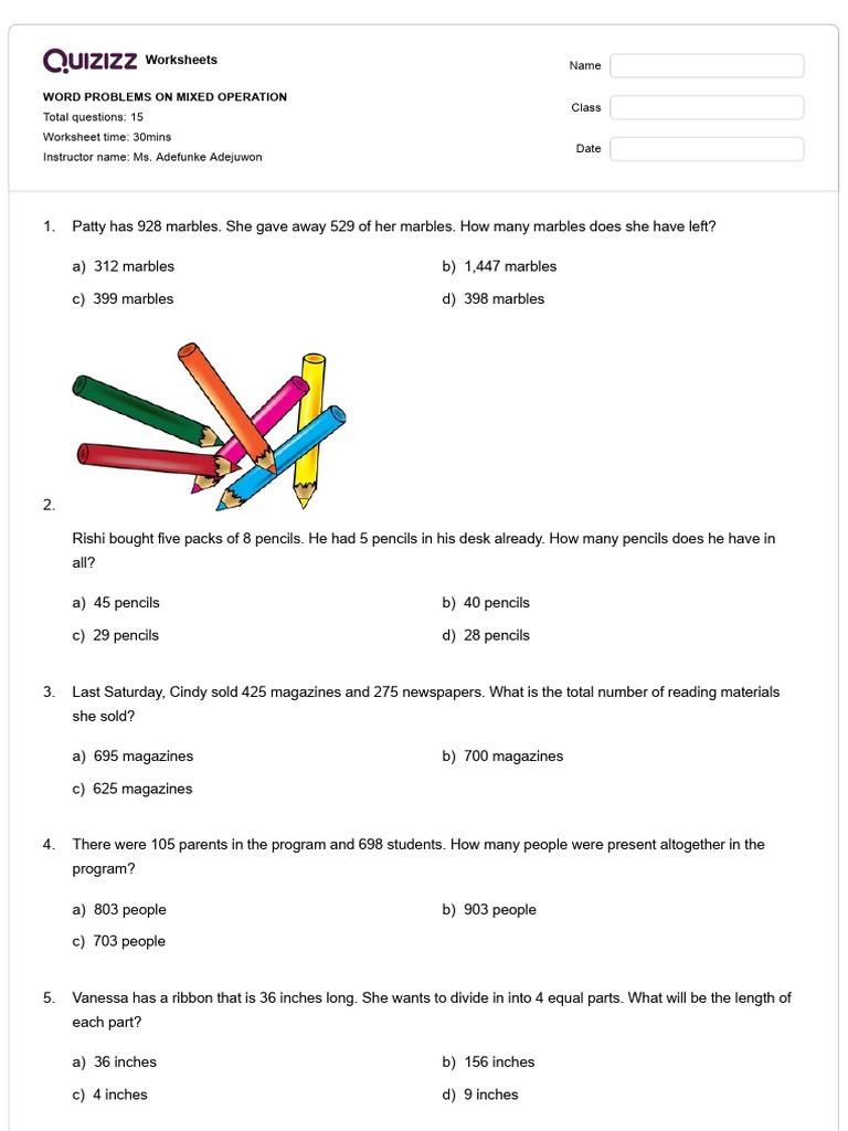 WORD PROBLEMS ON MIXED OPERATION - Quizizz | PDF