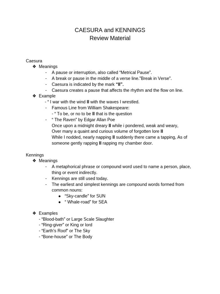 Review Material in Caesura and Kennings | PDF