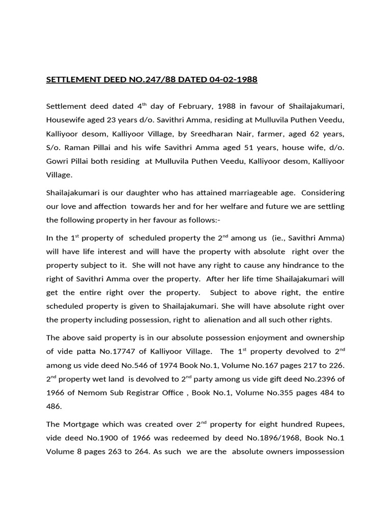 Settlement Deed Sylaja Kumari | PDF