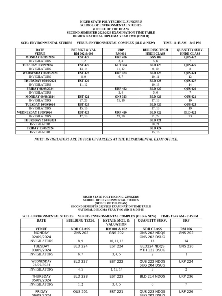 Examination Time Table Second Semester 2023 2024 Session | PDF