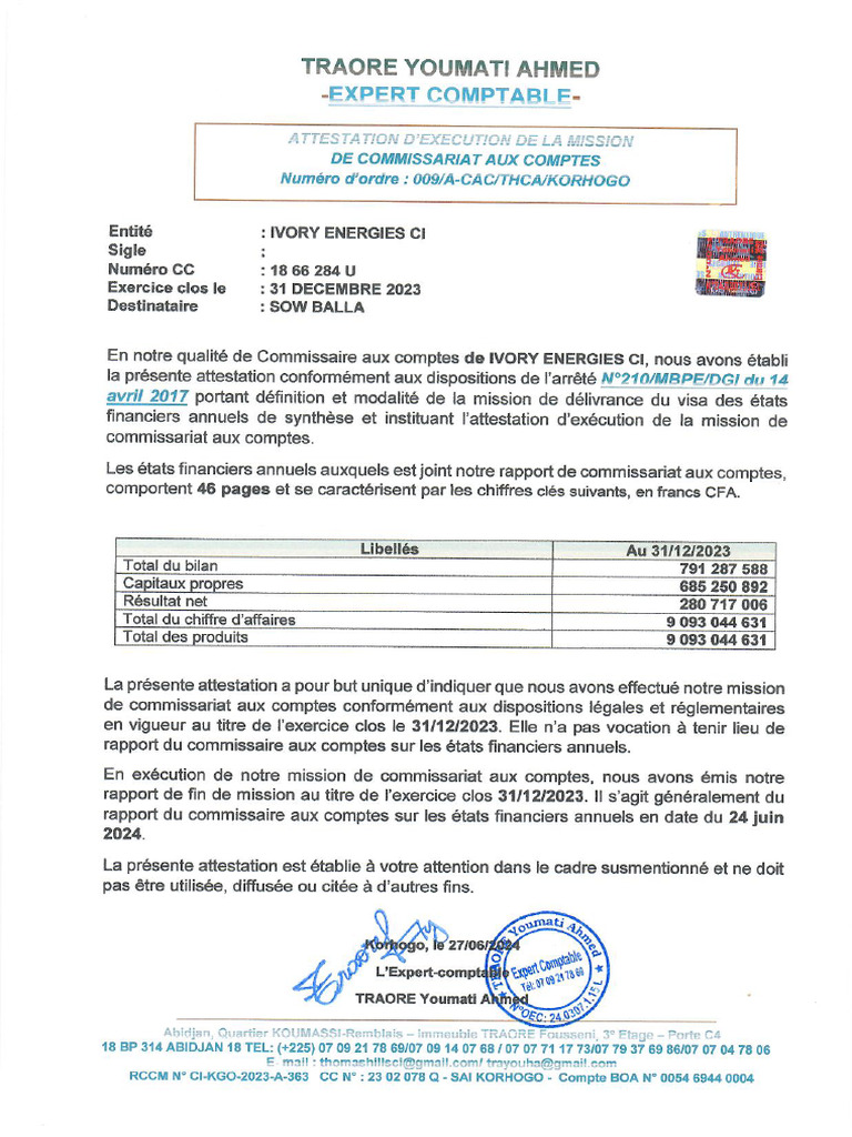 ATTESTATION DE COMMISARIAT AUX COMPTES 2023 | PDF