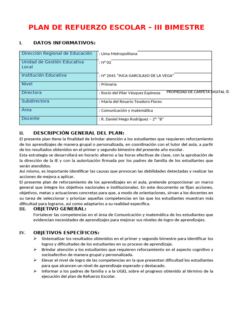Plan de Refuerzo para El Iii Bimestre | PDF