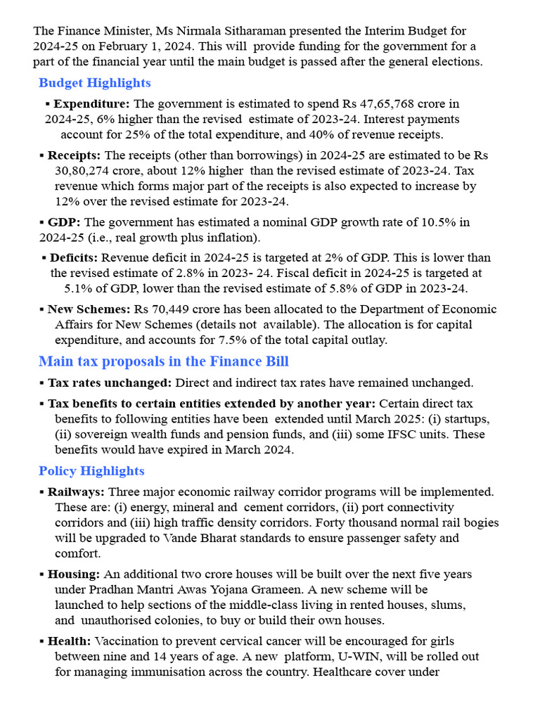 Interim Union Budget Analysis-2024-25 | PDF | Government Budget Balance ...