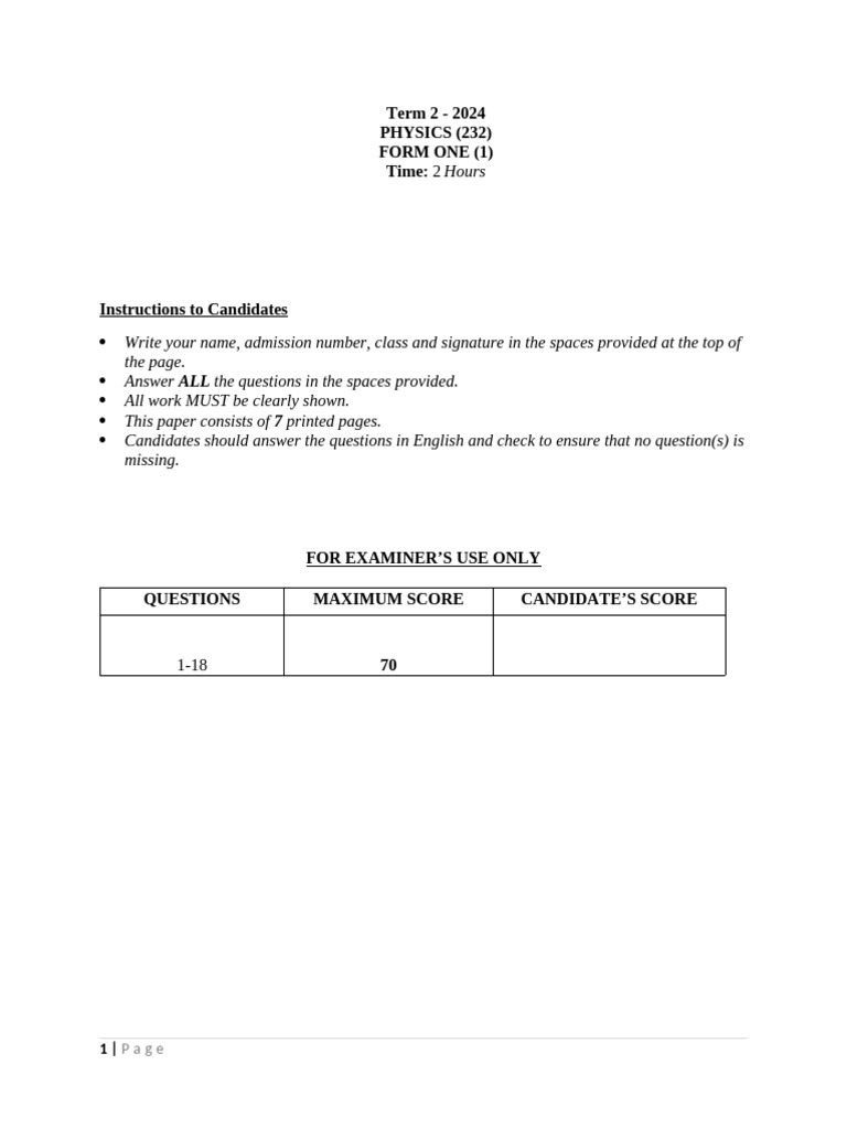 Form 1 Physics - Question Paper | PDF