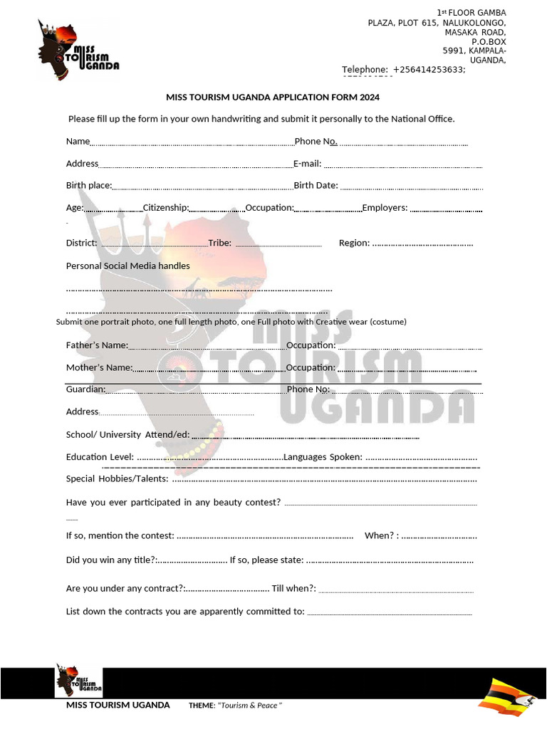 Miss Tourism Uganda Application Form 2024 (1) | PDF