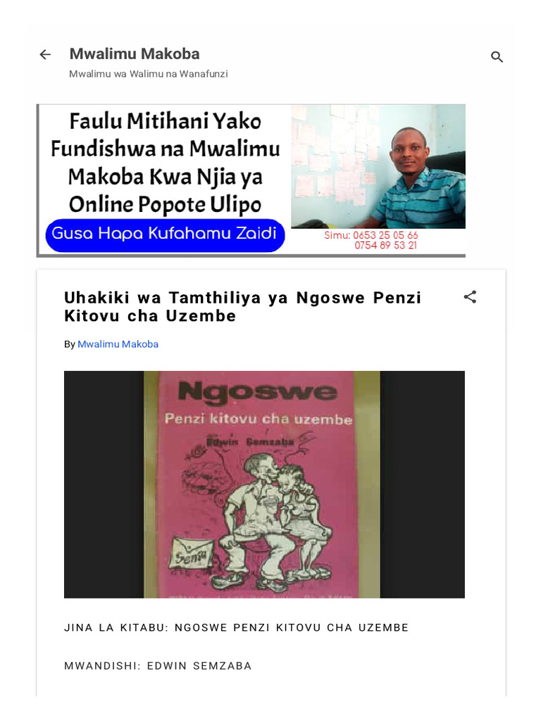 Uhakiki Wa Tamthiliya Ya Ngoswe Penzi Kitovu Cha Uzembe | PDF