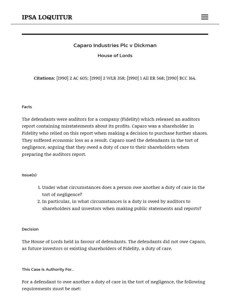 Caparo Industries PLC V Dickman - Case Summary - IPSA LOQUITUR | PDF