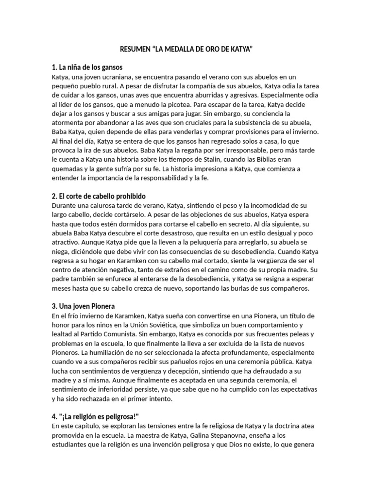Resumen La Medalla de Oro de Katya | PDF | Fe | Dios